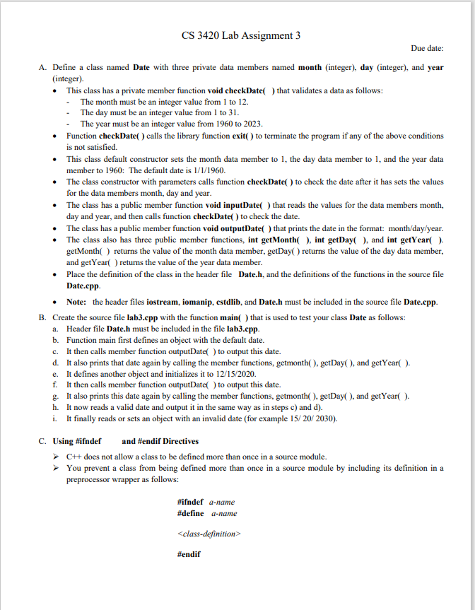 Solved A. Define a class named Date with three private data | Chegg.com