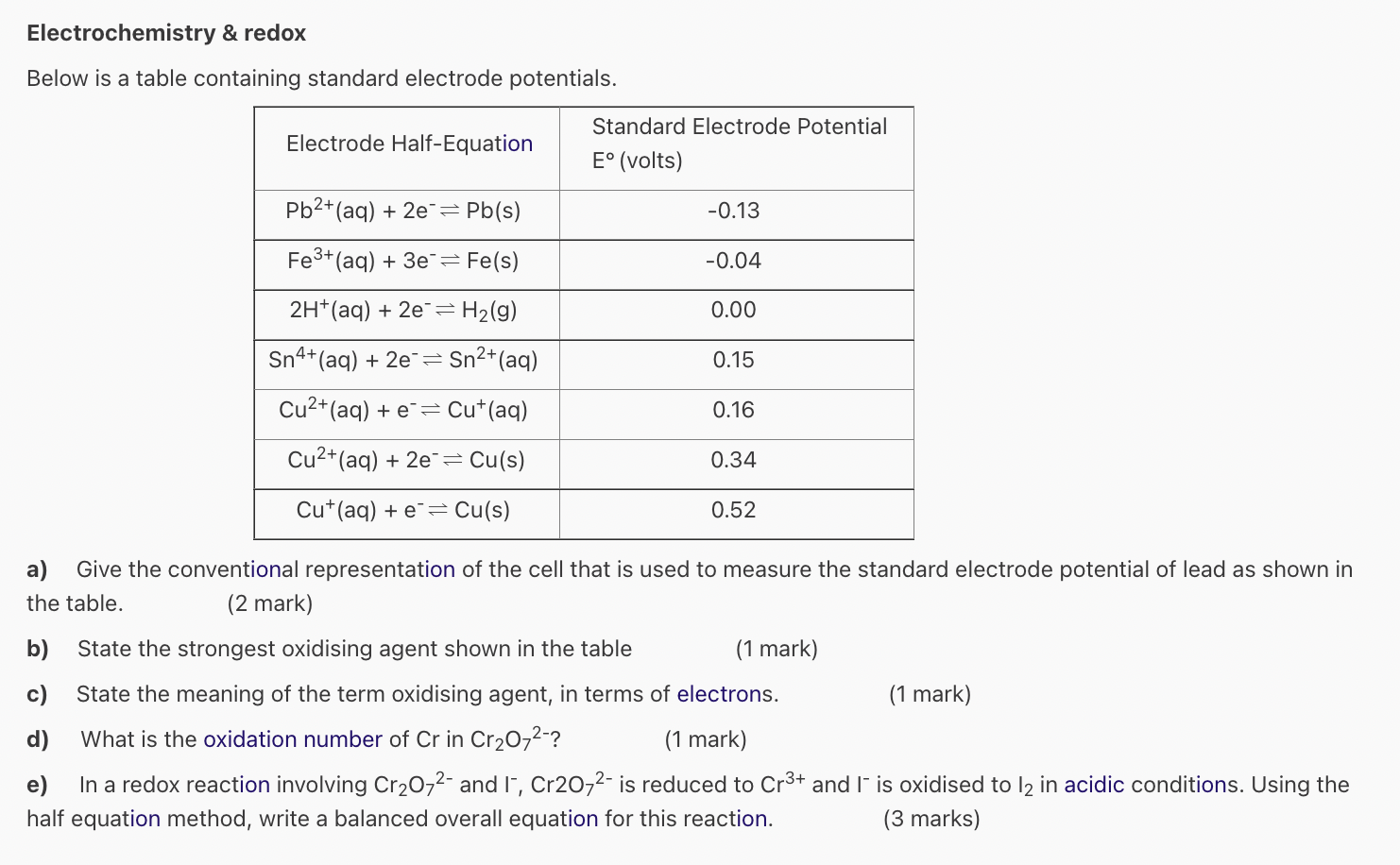 Solved Electrochemistry & redox Below is a table containing | Chegg.com