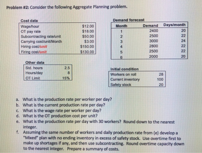 Solved Problem #2: Consider the following Aggregate Planning | Chegg.com