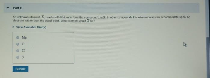 Solved Part B An unknown element, X reacts with lithium to | Chegg.com Solved Part B An unknown element, X reacts with lithium to | Chegg.com