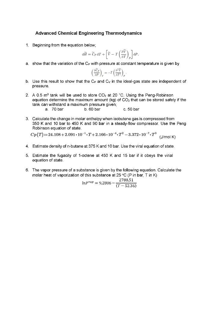 Solved Advanced Chemical Engineering Thermodynamics 1. | Chegg.com