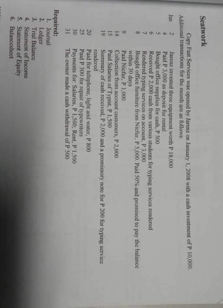 Solved Jarenz abrió ﻿Seatwork Copy Fast Services el 1 ﻿de | Chegg.com