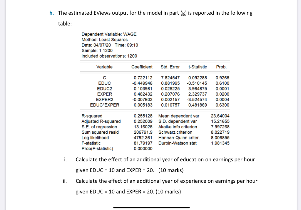 h. The estimated EViews output for the model in part | Chegg.com