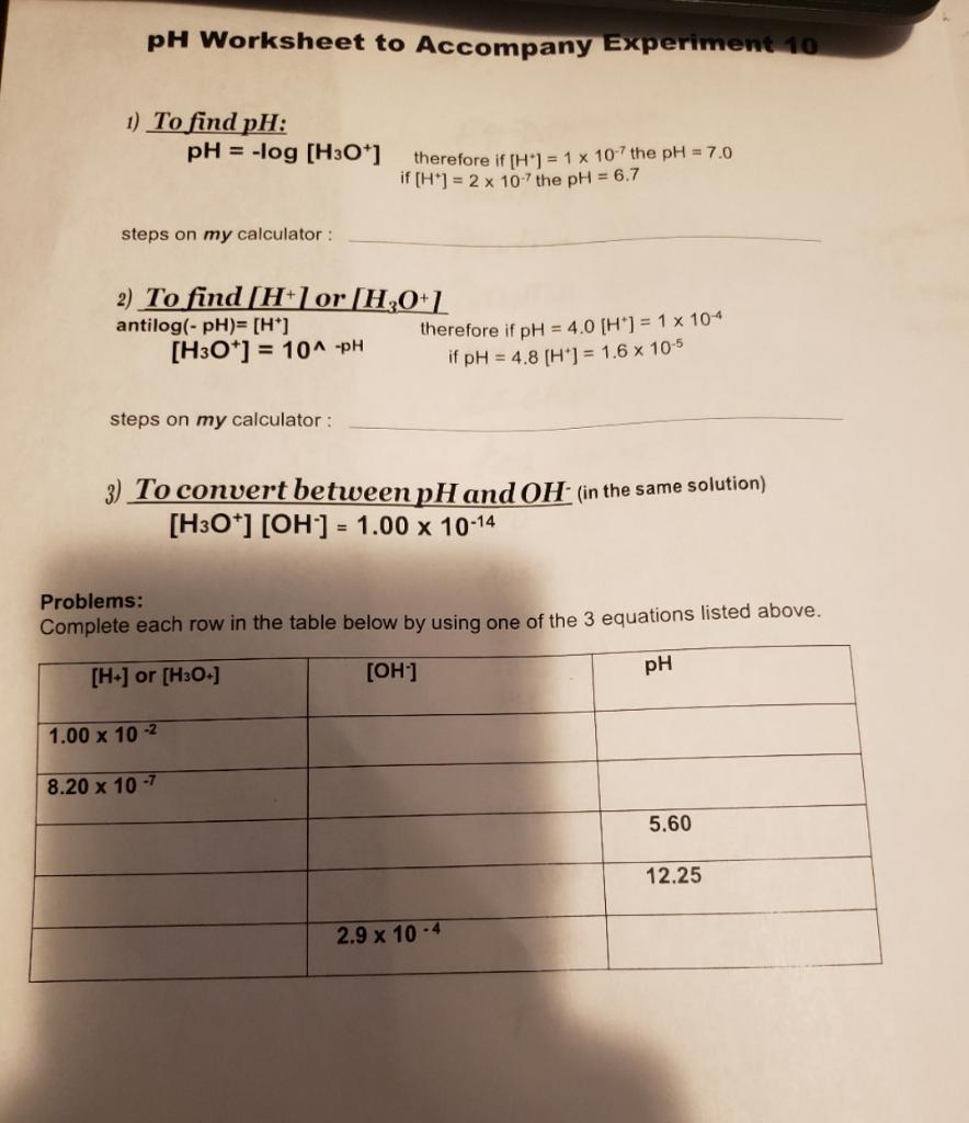 Solved pH Worksheet to Accompany Experiment 10 1) To find | Chegg.com
