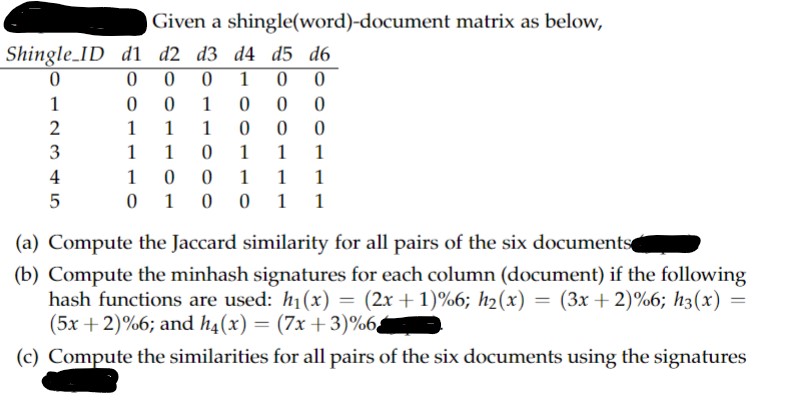 Solved Given a shingle(word)-document matrix as below, (a) | Chegg.com