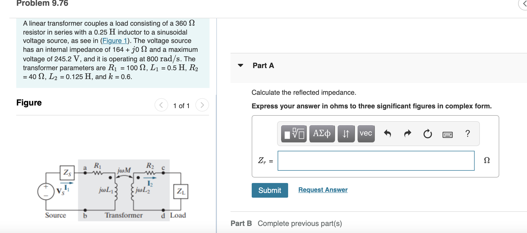 Solved A linear transformer couples a load consisting of a | Chegg.com