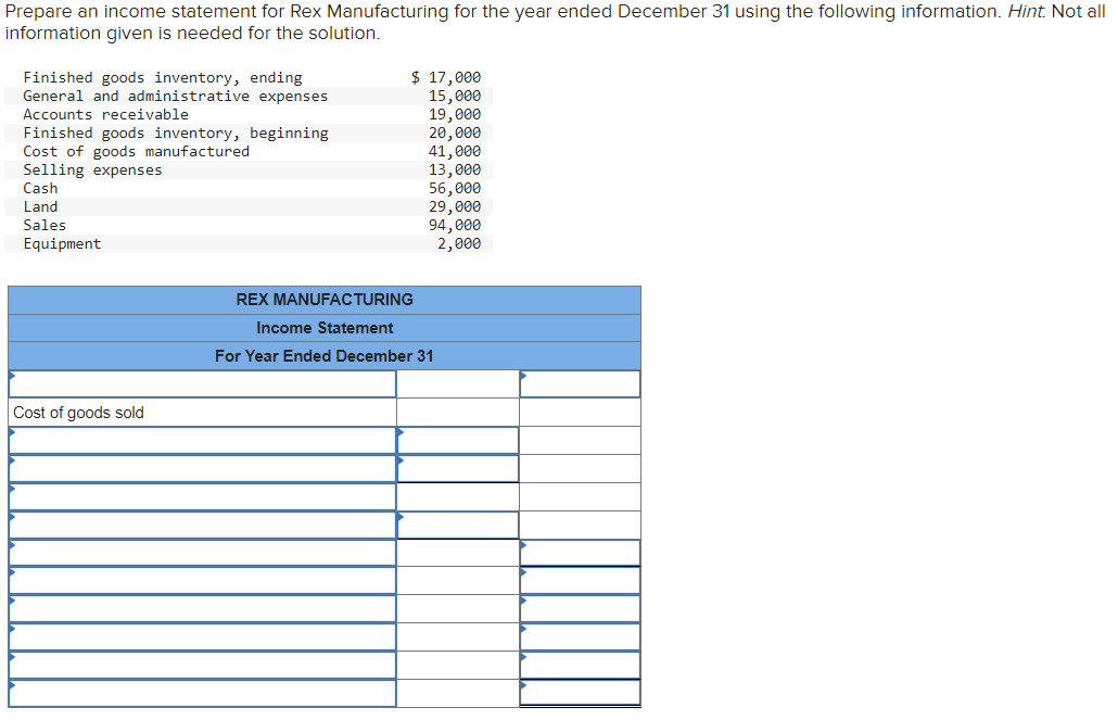 Solved Prepare an income statement for Rex Manufacturing for | Chegg.com