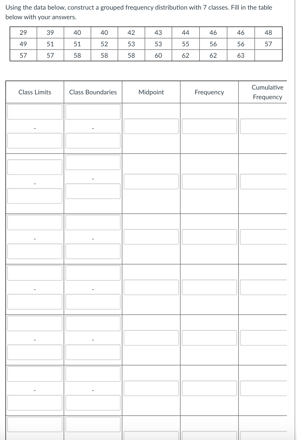 Solved Using the data below, construct a grouped frequency | Chegg.com