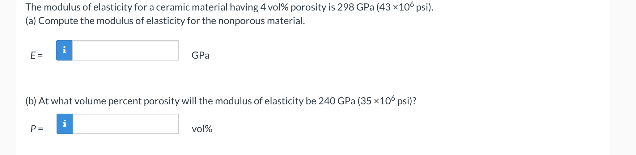 Solved The modulus of elasticity for a ceramic material | Chegg.com