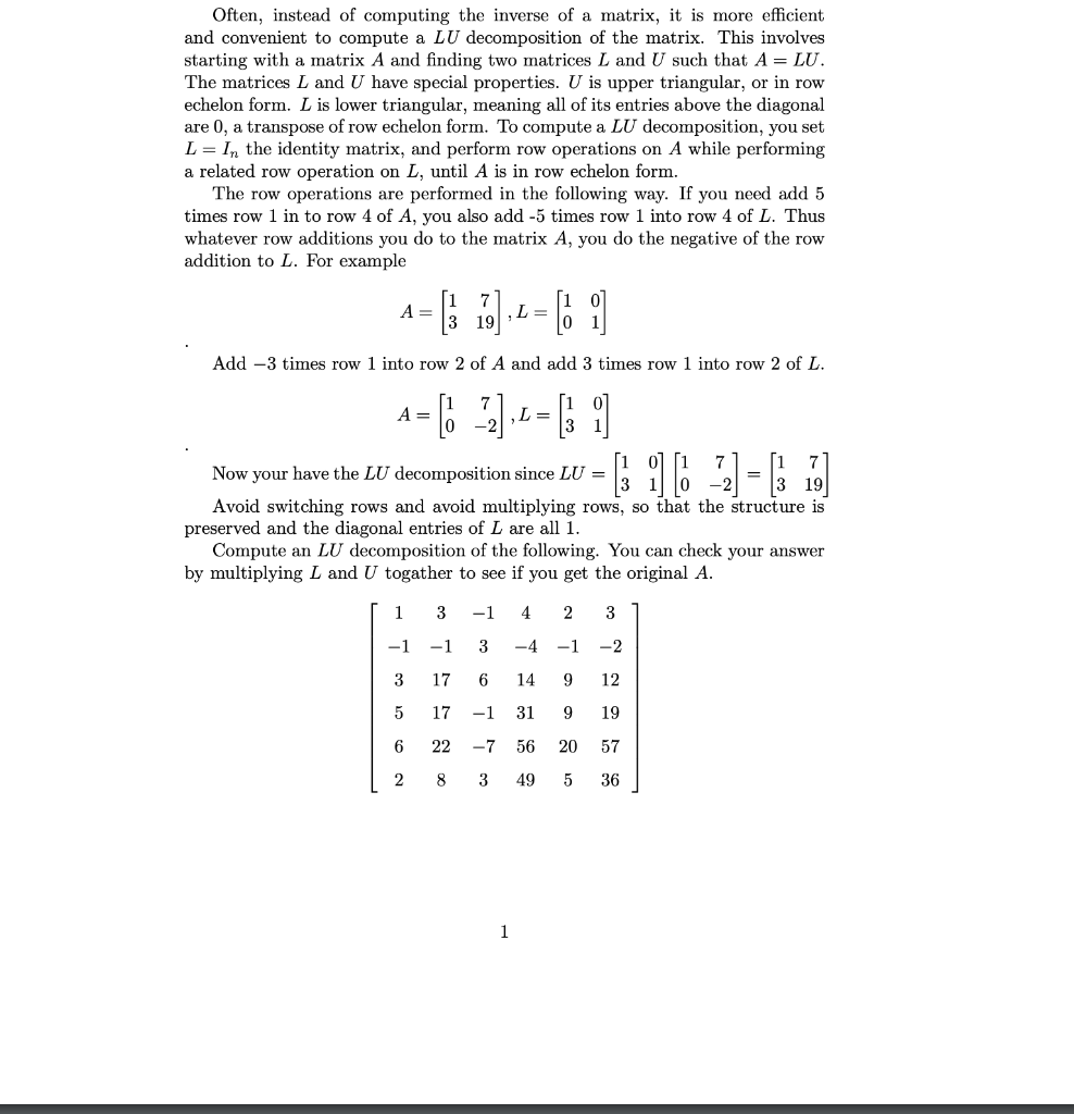 Solved Often, instead of computing the inverse of a matrix, | Chegg.com
