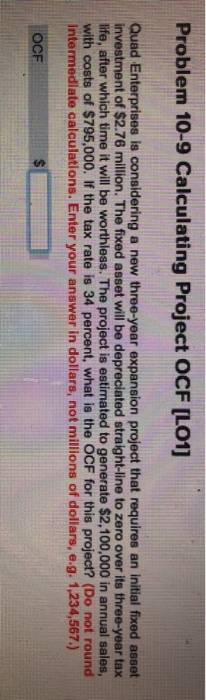 Solved Problem 10-9 Calculating Project OCF [LO1] Quad | Chegg.com