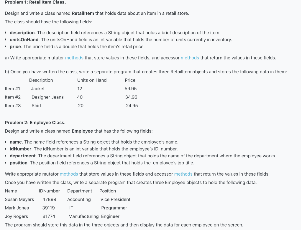 Solved Problem 1: Retailltem Class. Design and write a class | Chegg.com
