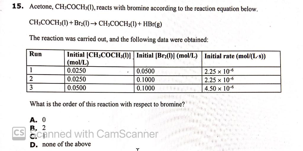 Solved 15. Acetone, CH3COCH3(1), reacts with bromine | Chegg.com