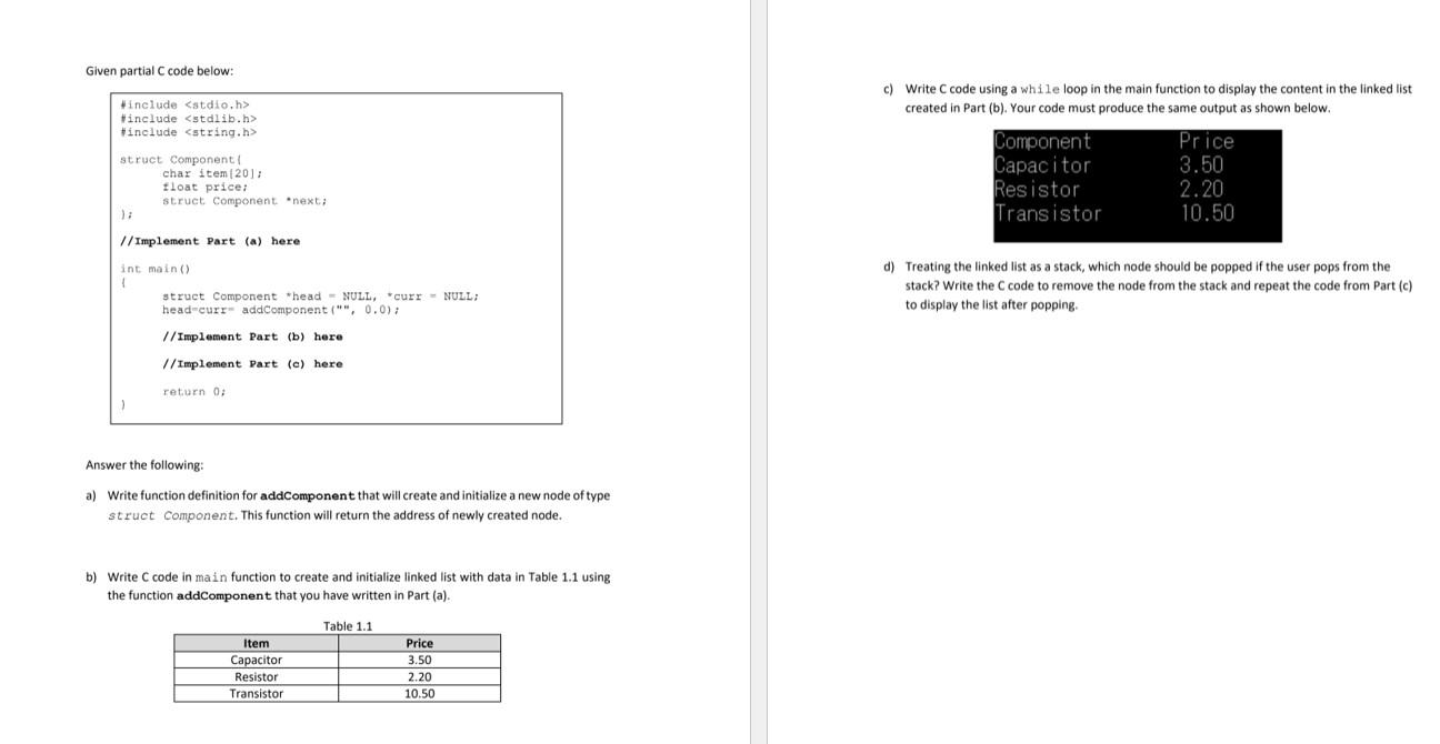 Solved Given Partial C Code Below C Write C Code Using A