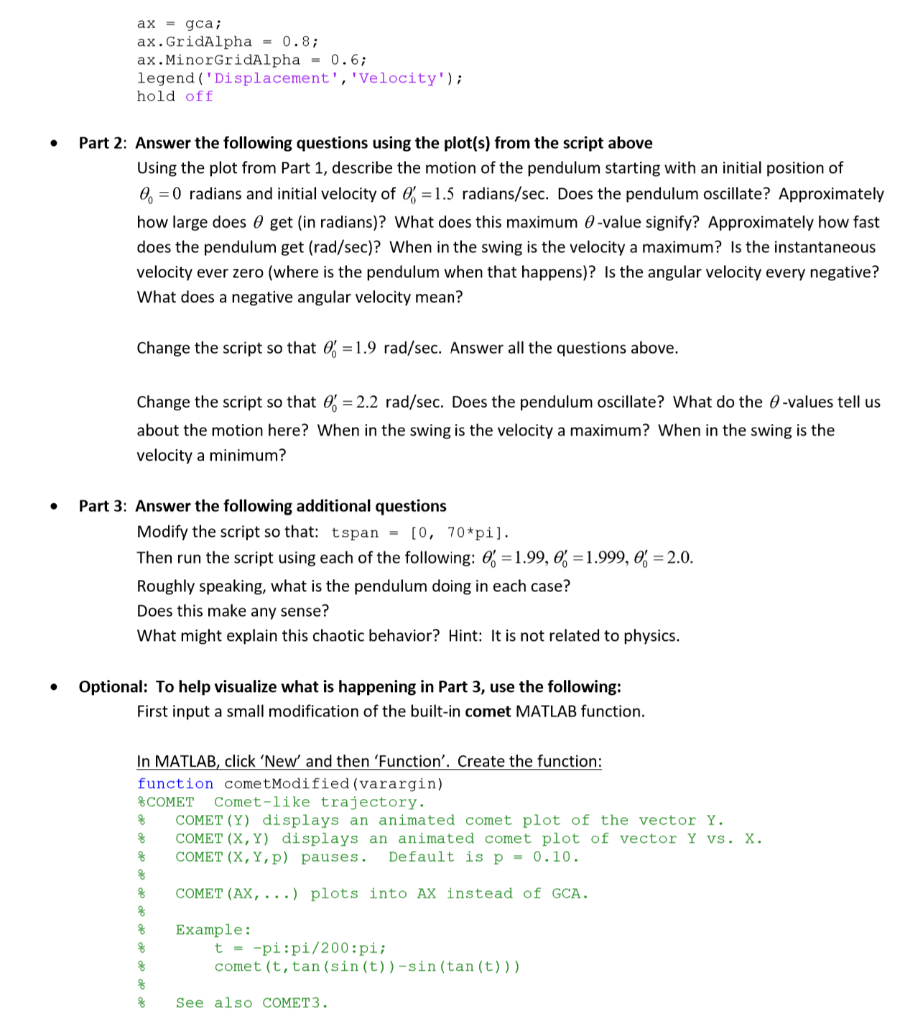 Solved MATLAB/OCTAVE PENDULUM LAB PART 2 MAT2310/2330 MATLAB | Chegg.com