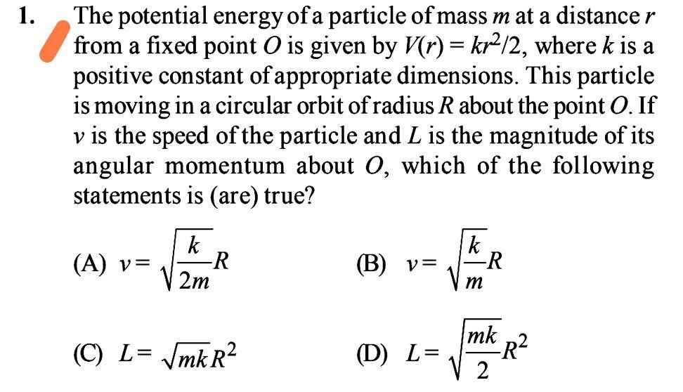 Solved 1. a The potential energy of a particle of mass m at | Chegg.com