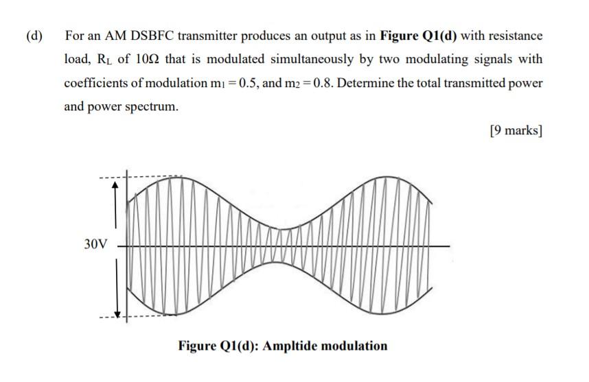 Solved (d) For an AM DSBFC transmitter produces an output as | Chegg.com