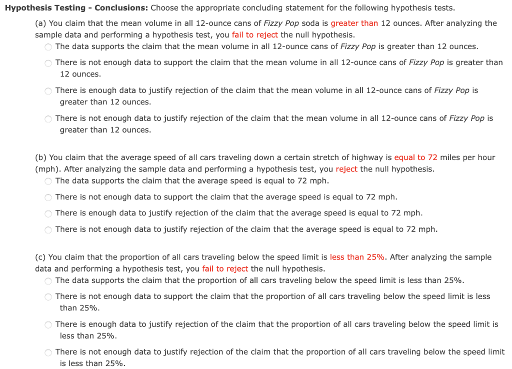 Solved Hypothesis Testing - Conclusions: Choose the | Chegg.com