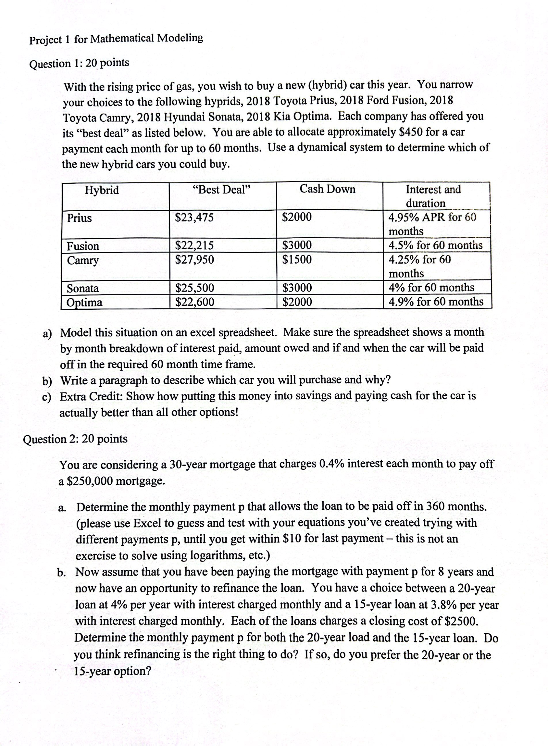 Solved Project 1 ﻿for Mathematical ModelingQuestion 1: 20 | Chegg.com