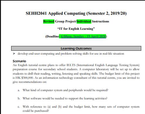 SEHH2041 Applied Computing (Semester 2, 2019/20) | Chegg.com
