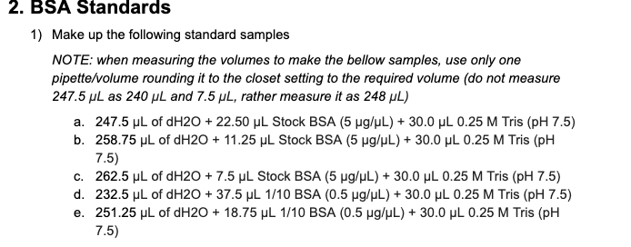 Solved 2. BSA Standards 1) Make up the following standard | Chegg.com