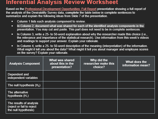 Solved Desirability Statistical Analysis: Inferential • | Chegg.com