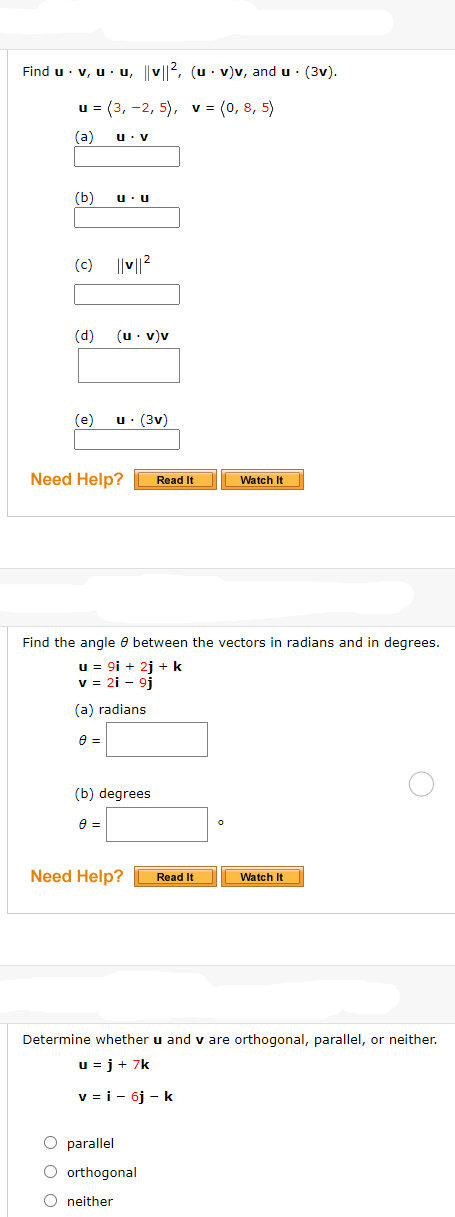 Solved Find u Vuu, V2, (u · v)v, and u · (3v). u = (3,-2,5), | Chegg.com