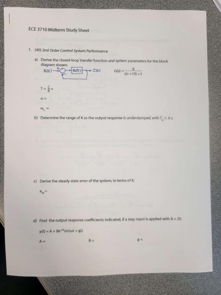 Solved ECE 3710 Midterm Study Sheet 1. (40) 2nd Order | Chegg.com