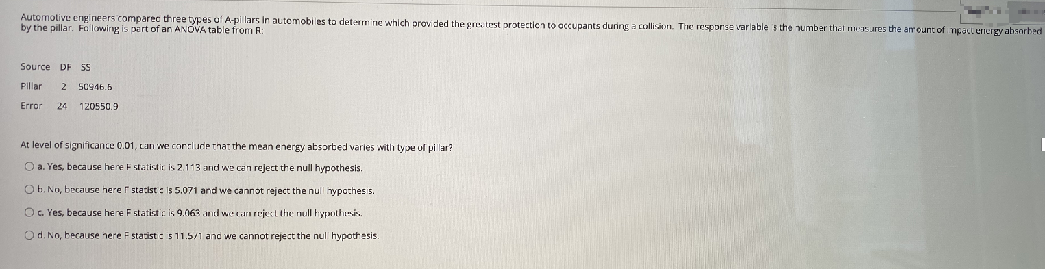 Solved Automotive engineers compared three types of | Chegg.com