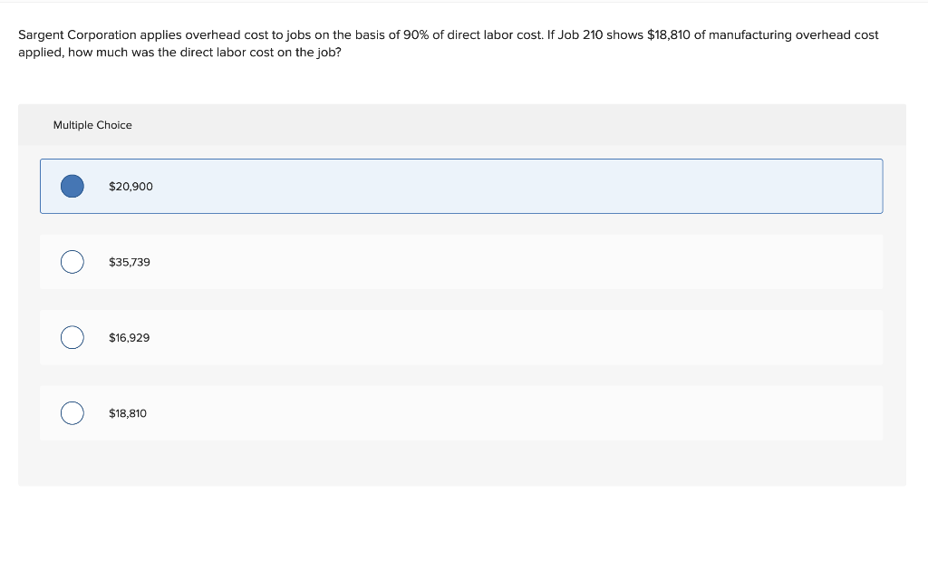 Solved Sargent Corporation applies overhead cost to jobs on | Chegg.com