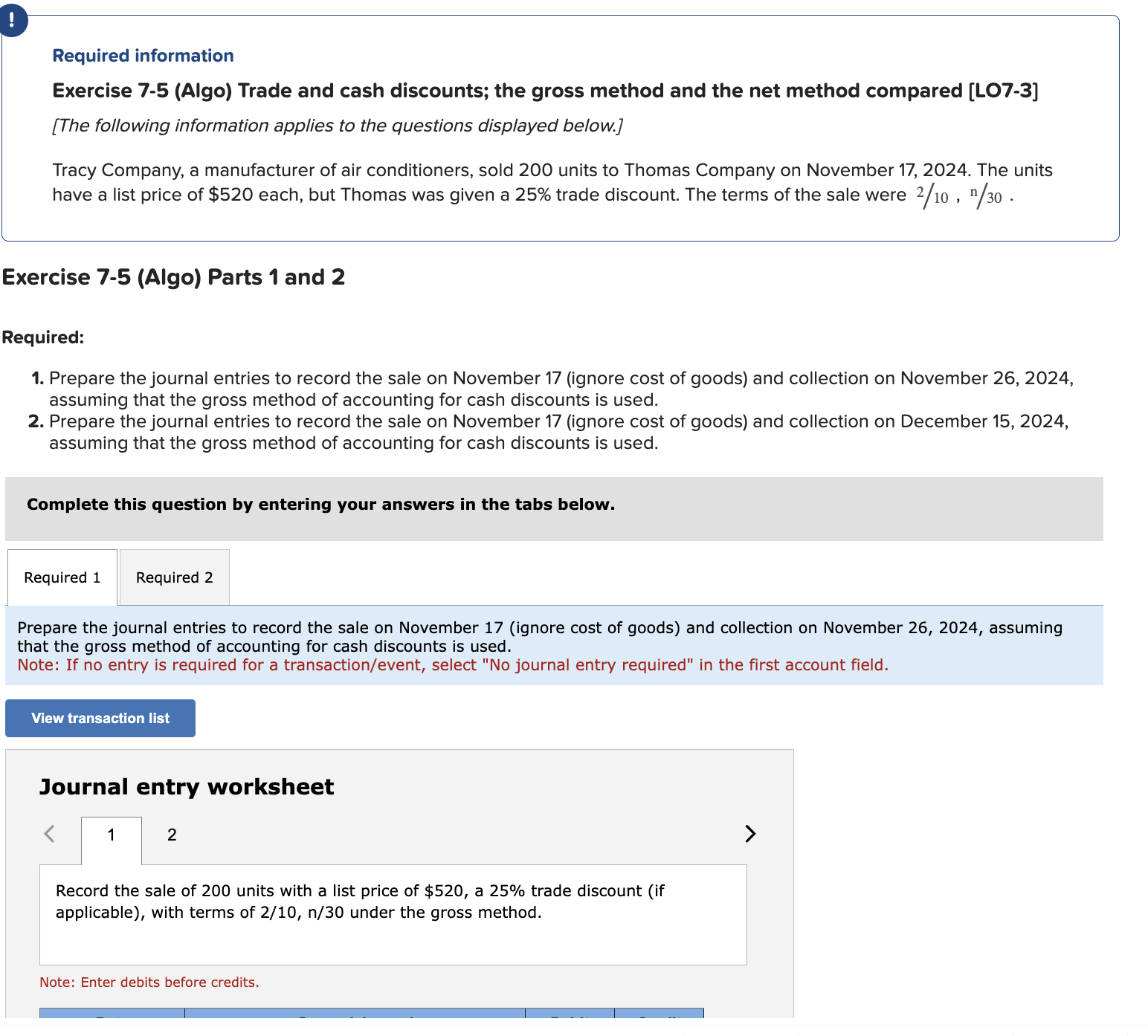 Solved Required information Exercise 7-5 (Algo) Trade and | Chegg.com