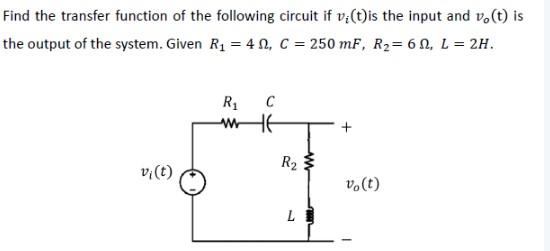 Solved Find the transfer function of the following circuit | Chegg.com