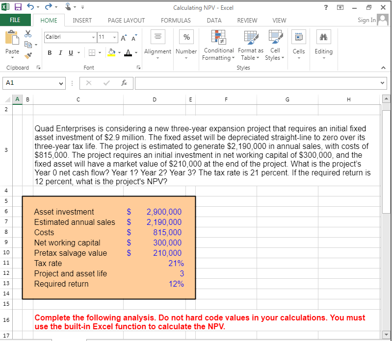 Solved X 5 2 5 x Calculating NPV - Excel FORMULAS DATA FILE | Chegg.com