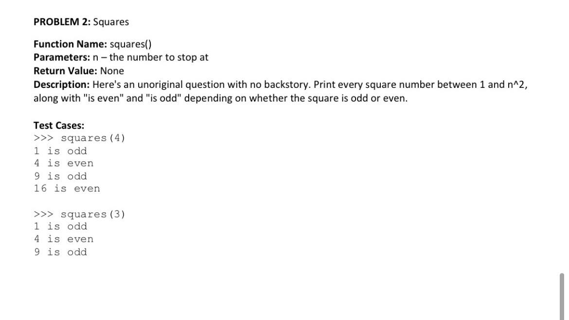 Solved PROBLEM 2: Squares Function Name: squares() | Chegg.com
