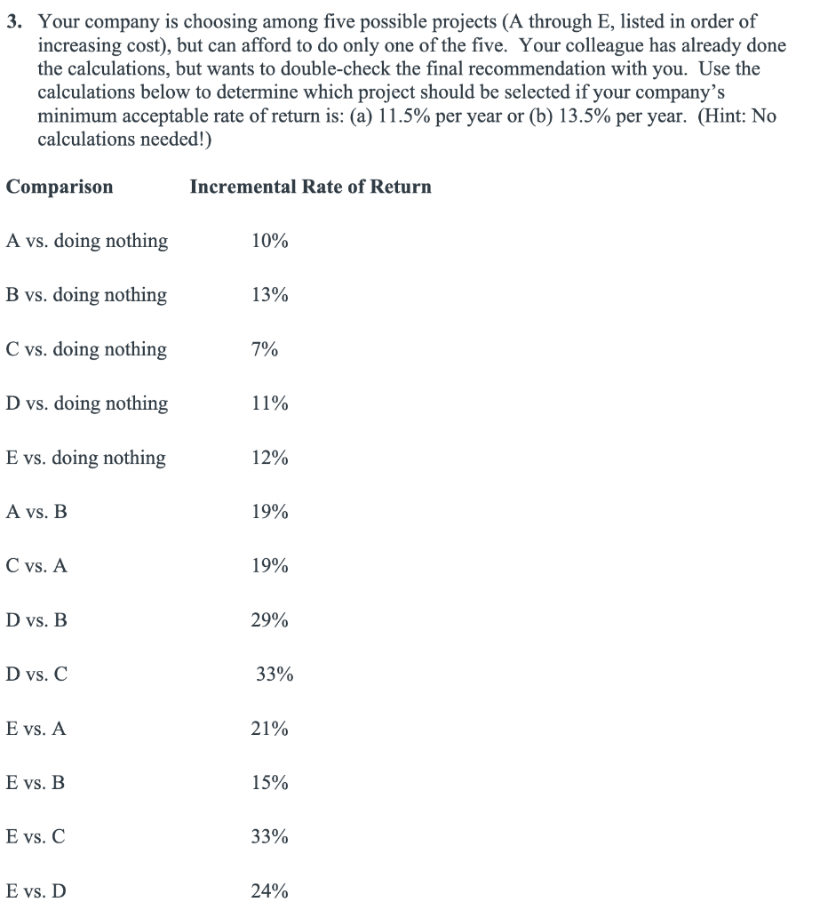 Solved 3. Your company is choosing among five possible | Chegg.com