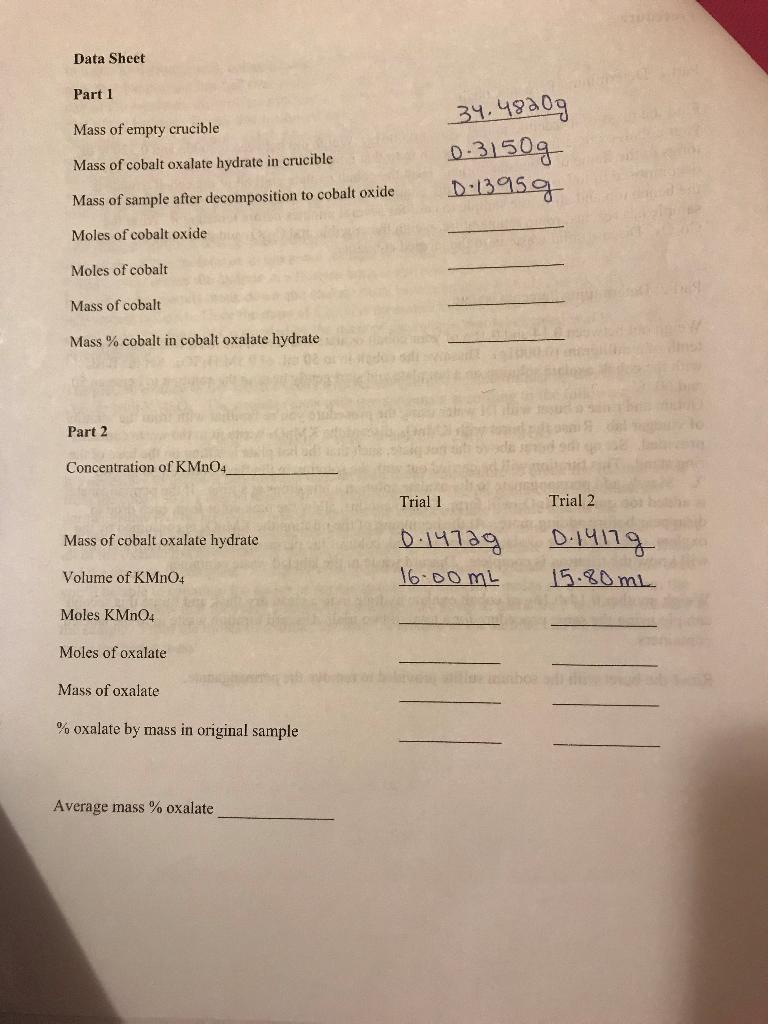 Solved Data Sheet Part 1 Mass of empty crucible 34.4820g | Chegg.com