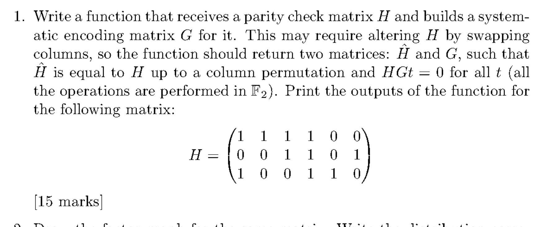 Solved 1. Write a function that receives a parity check | Chegg.com