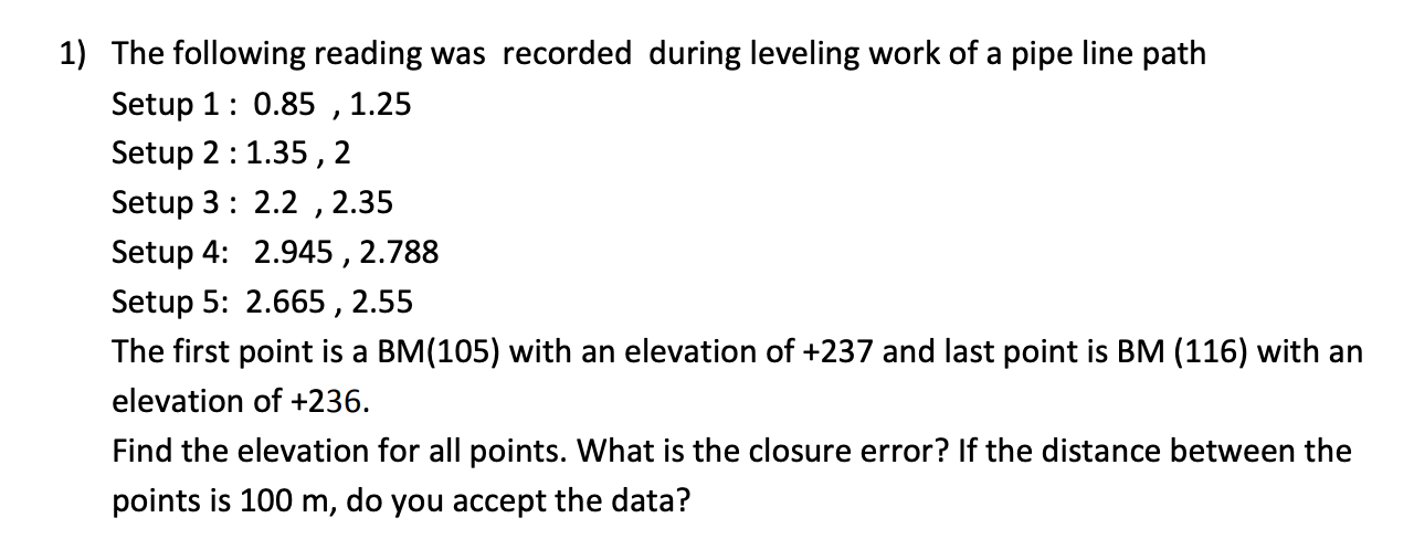 Solved 1) The following reading was recorded during leveling | Chegg.com