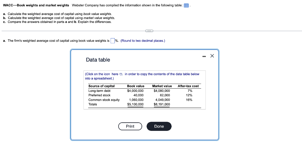 Solved WACC-Book weights and market weights Webster Company | Chegg.com