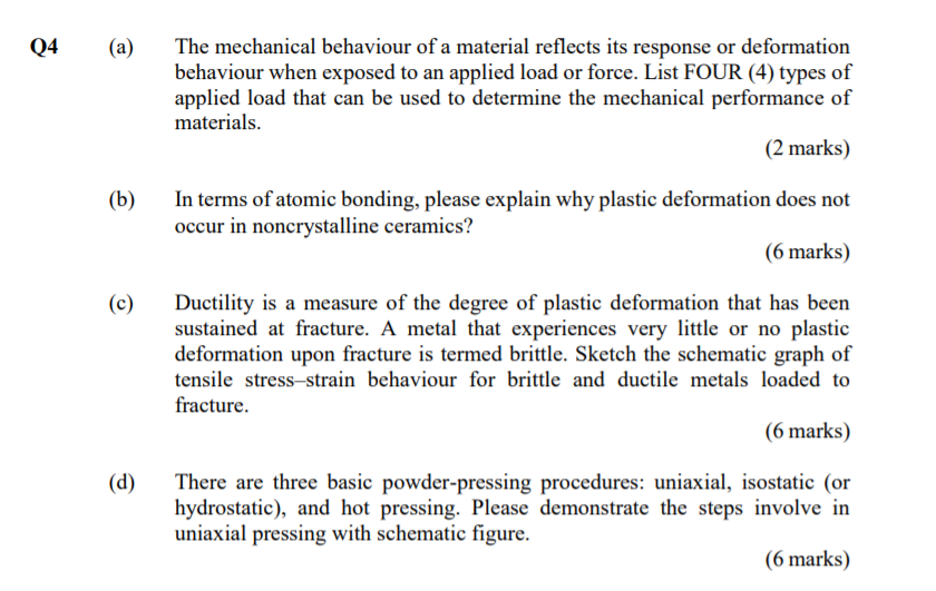 Solved Q4 (a) The mechanical behaviour of a material | Chegg.com