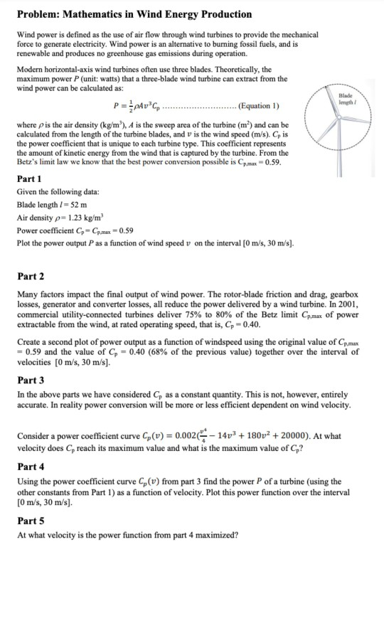 Problem: Mathematics in Wind Energy Production Wind | Chegg.com