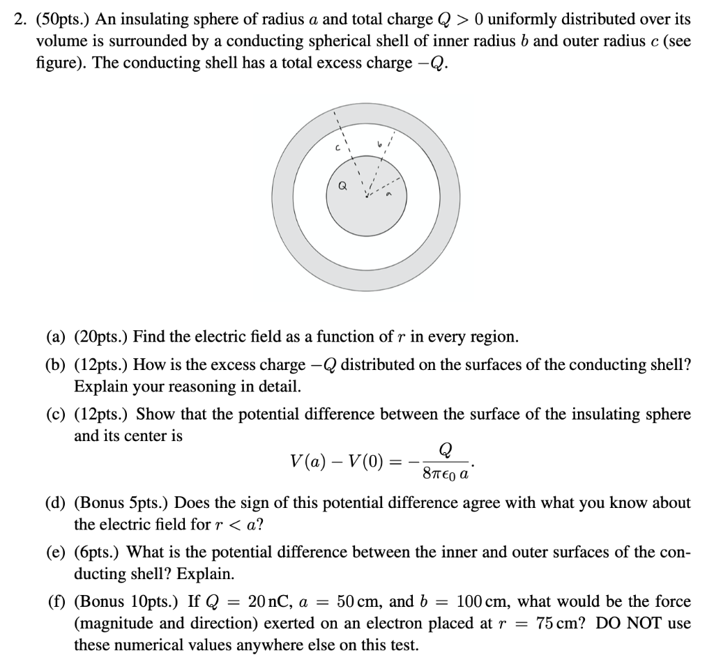 Solved 2. (50pts.) An insulating sphere of radius a and | Chegg.com