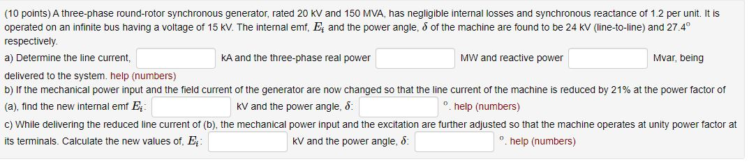 Solved (10 points) A three-phase round-rotor synchronous | Chegg.com