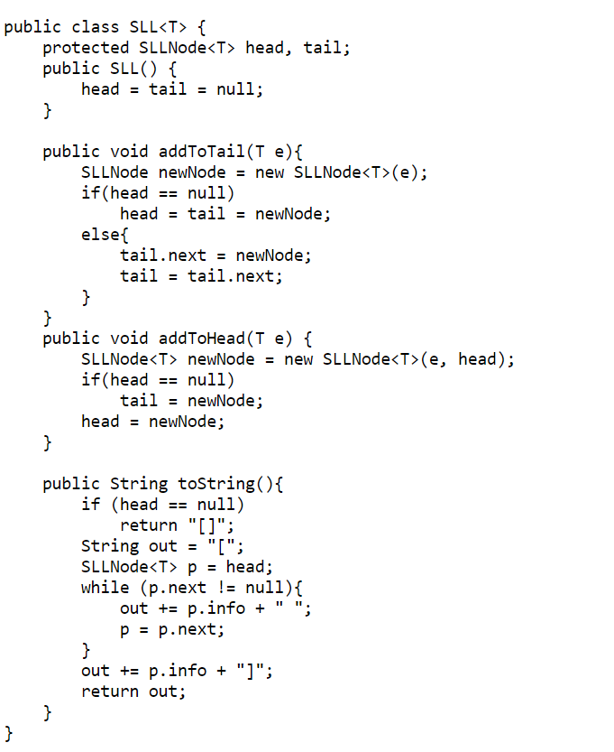 Solved public class SLL { protected SLLNode head, | Chegg.com