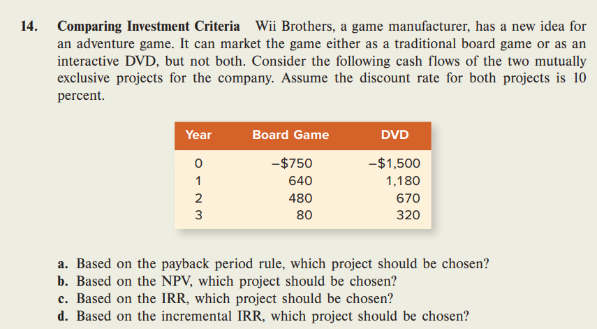 Solved Comparing Investment Criteria Wii Brothers, a game | Chegg.com
