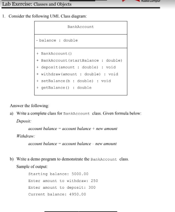 Solved Lumpur Lab Exercise: Classes and Objects 1. Consider | Chegg.com
