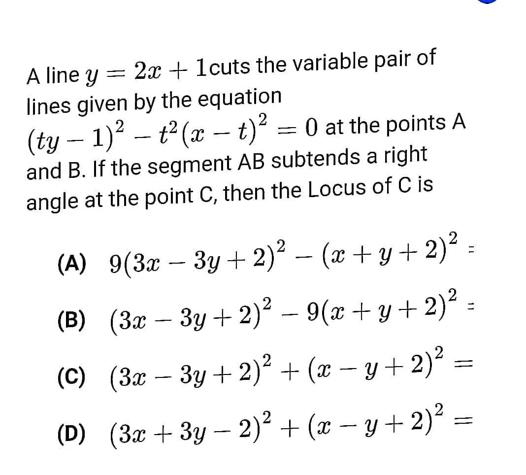 Solved = - A line y 2.2 + 1cuts the variable pair of lines | Chegg.com