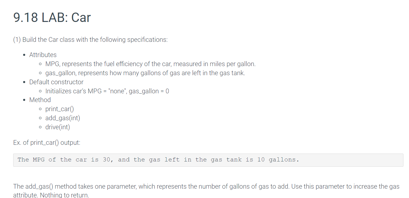 Solved 9.18 LAB: Car (1) Build the Car class with the | Chegg.com