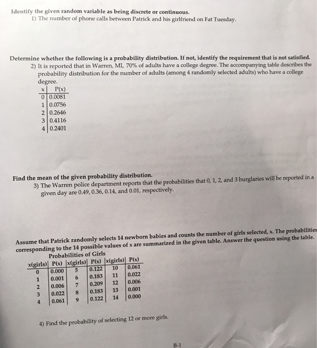 Solved Identify the given random variable as being discrete | Chegg.com