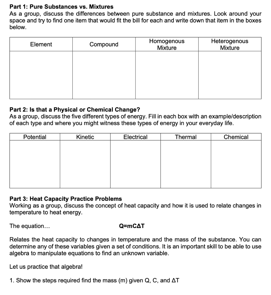 Solved Part 1: Pure Substances vs. Mixtures As a group, | Chegg.com